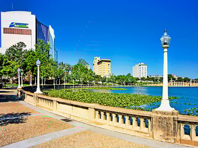 Lakeland's serene waterfront offers a peaceful backdrop for enjoying affordable local cuisine between Tampa and Orlando.