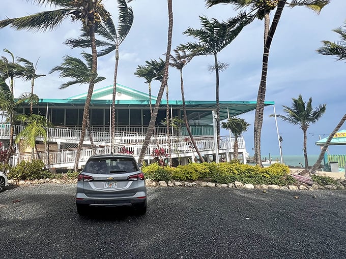 Tiki totems stand guard at Lazy Days, protecting what might be the Keys' most perfect grouper sandwich experience.