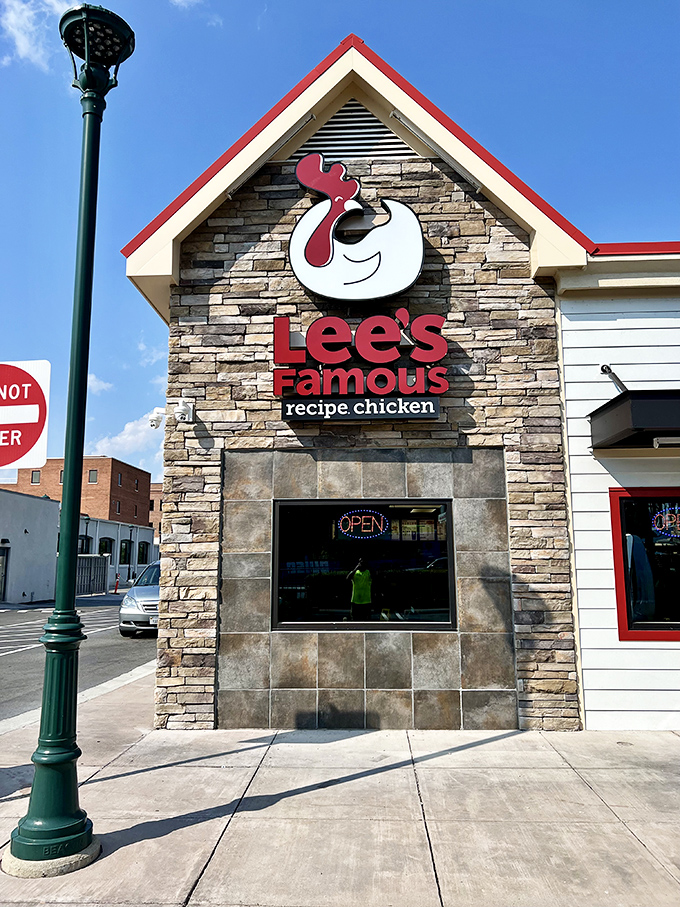 Lee's cheerful chicken mascot knows what's coming, and honestly, it seems pretty happy about its fate.