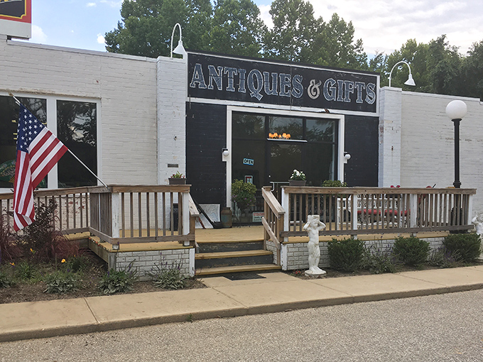This welcoming storefront with its patriotic flag promises American treasures at down-to-earth Maryland prices.