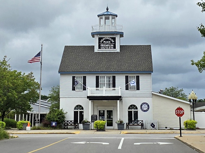 The iconic lighthouse tower stands sentinel over serious savings. This New England-inspired shopping village brings coastal charm to the Midwest!