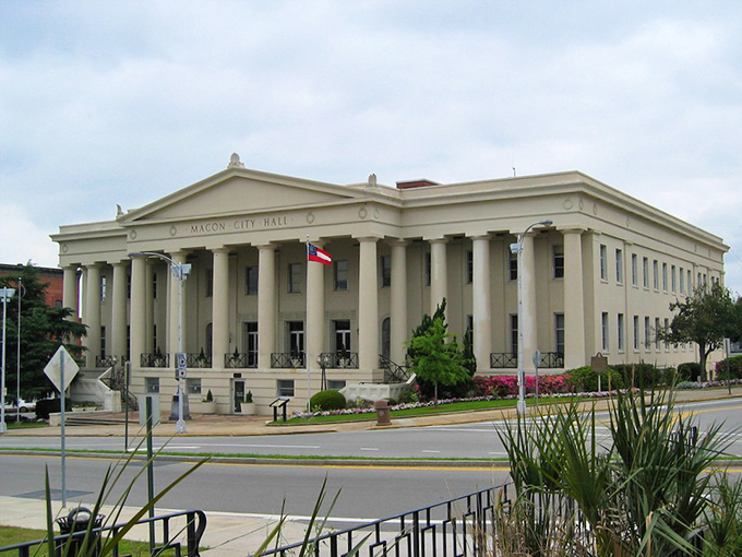 Macon's City Hall: where columns stand taller than summer corn and Southern dignity is set in stone! A governmental Tara for the modern age.