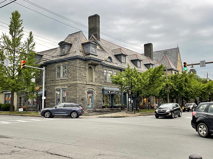 Historic stone buildings in Milford stand like sentinels of time, their weathered facades whispering stories from centuries past.