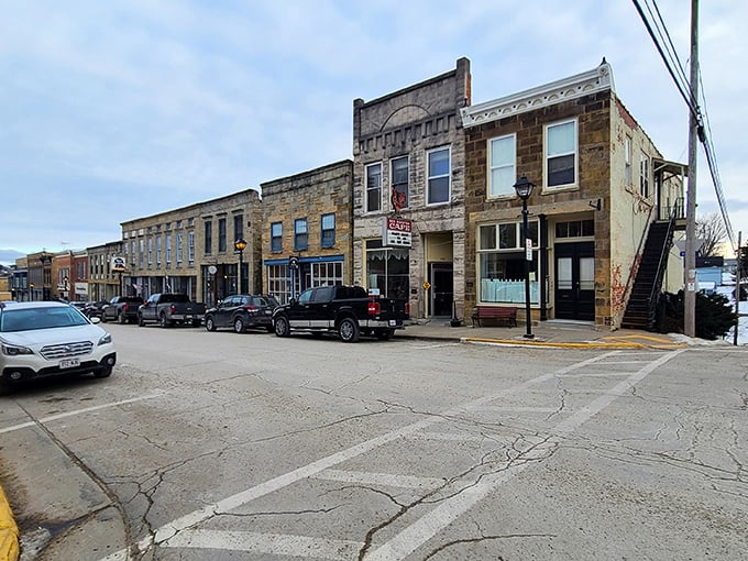 Mineral Point's limestone buildings glow golden in the afternoon sun like ancient treasure chests.