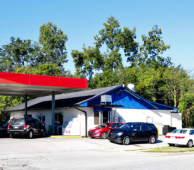 Blue skies and a blue-trimmed building - Mom and Pop's serves sunshine with every plate in Batesburg-Leesville.