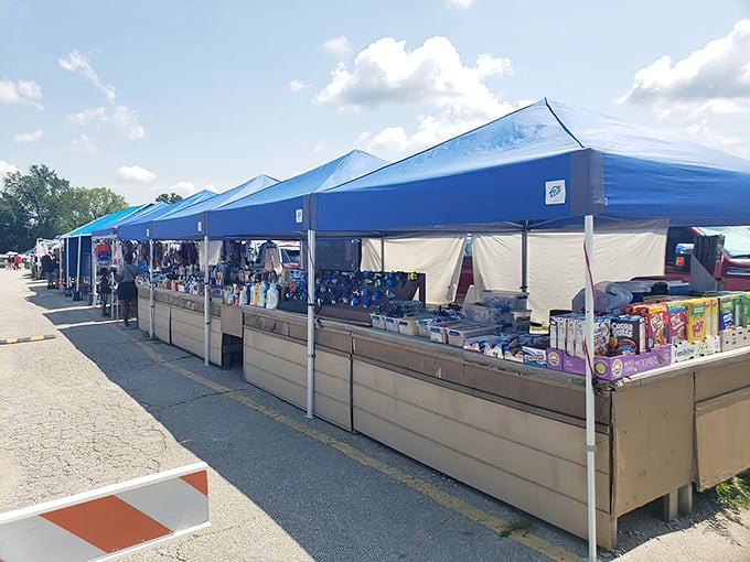 Blue canopies create a marketplace atmosphere at Nate's Swap Shop. Each table holds potential discoveries under the Kansas City sun.