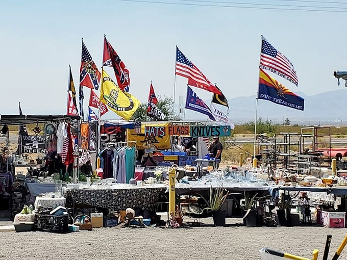 Flags flying high at Neely's Korner announce a patriotic paradise of bargains. One person's castoff is another's must-have treasure!