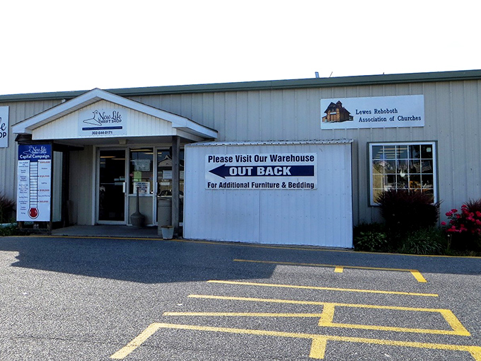 New Life's warehouse-style entrance hints at the organized chaos of bargains waiting beyond those doors.