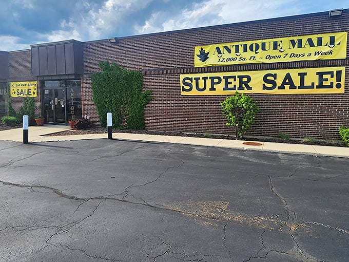 "SUPER SALE!" screams the sign, as if the 75,000 square feet of antiques weren't tempting enough already.