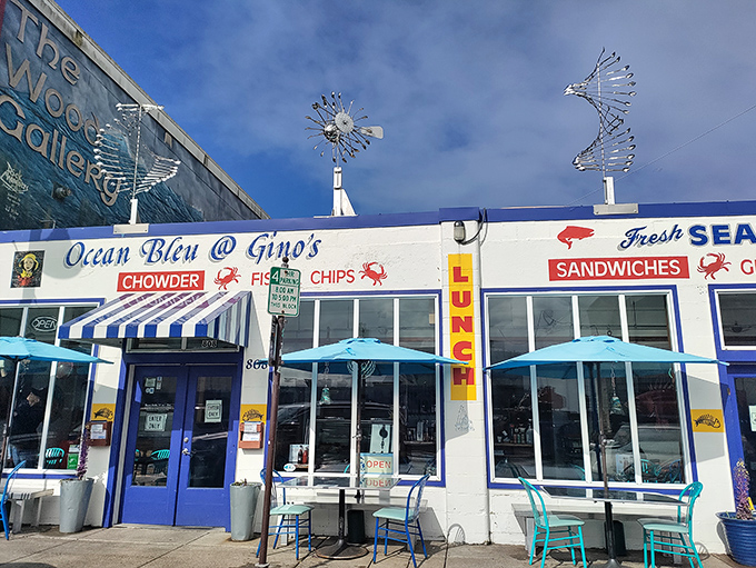 Ocean Bleu's cheerful blue and white facade promises the kind of seafood that makes memories.