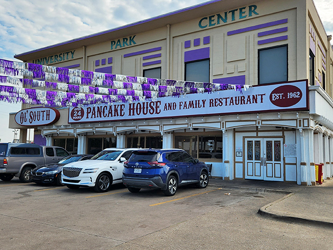Purple trim and packed parking lots tell the whole story - locals don't lie about good pancakes.