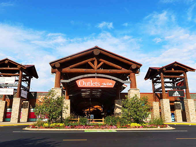 The Dells' rustic clock tower looks like it belongs in a national park, not guarding the gateway to shopping heaven.