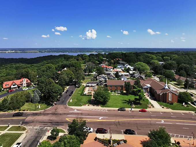 Aerial view of Peoria showcases peaceful neighborhoods nestled along the lake, where affordable living meets natural beauty.