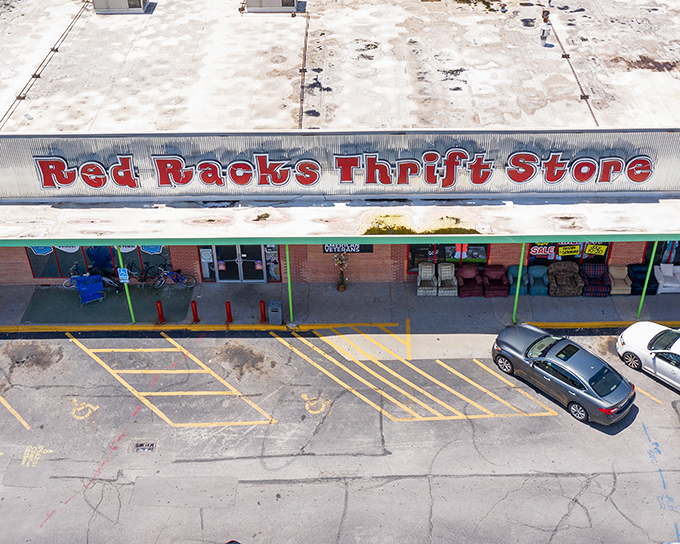 Red Racks' aerial view reveals a thrifter's playground sprawling beneath that iconic red sign &ndash; adventure awaits inside!