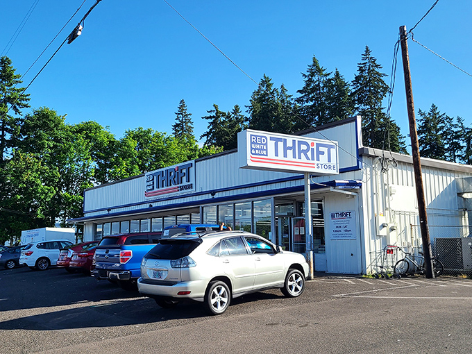 Red White & Blue Thrift Store's patriotic exterior hints at the all-American bargains waiting inside this Gladstone location.