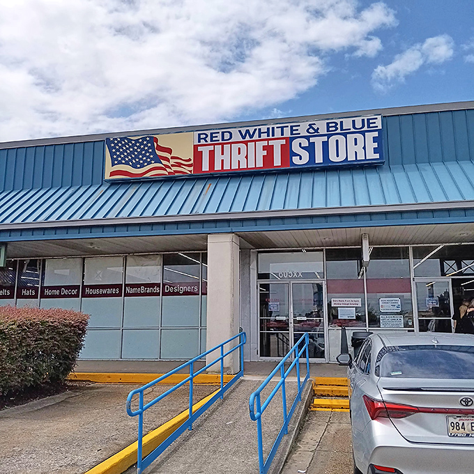 The patriotic blue roof signals you've arrived at bargain heaven&mdash;Red, White & Blue's name is as American as thrift shopping.