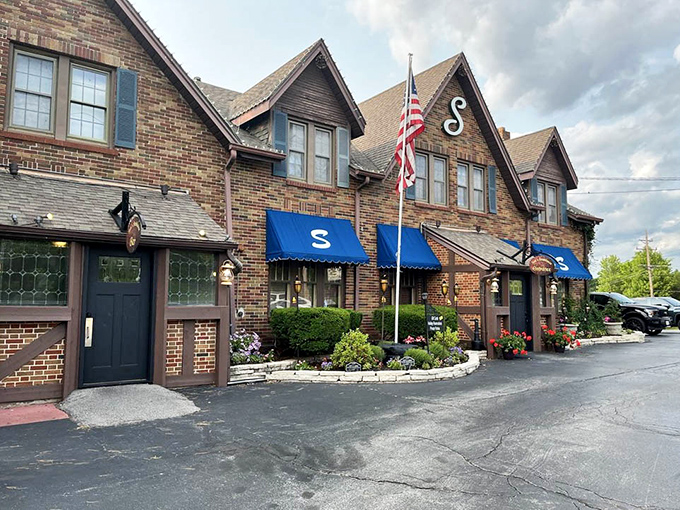 Tudor charm meets American beef tradition - where architectural character enhances every perfectly seasoned bite.