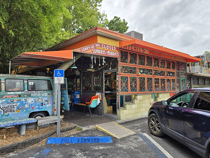 This rainbow explosion of a building proves that great pizza and great art make perfect dining companions.