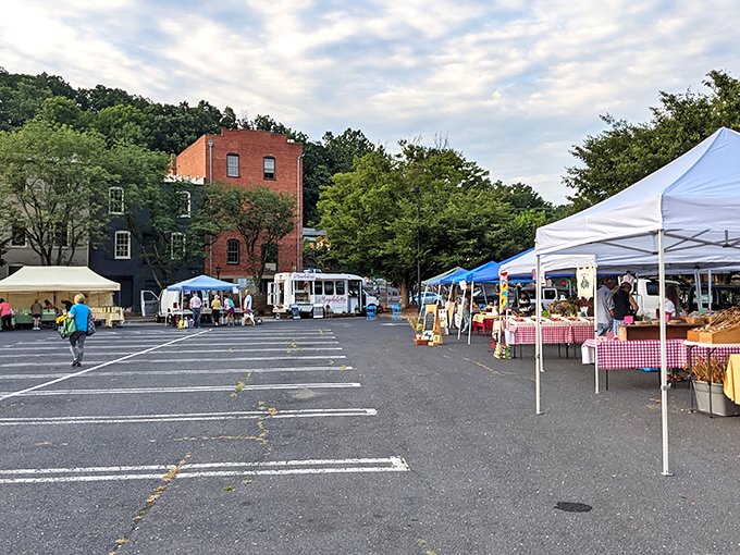 Historic brick buildings frame this charming market scene like a Norman Rockwell painting come alive.