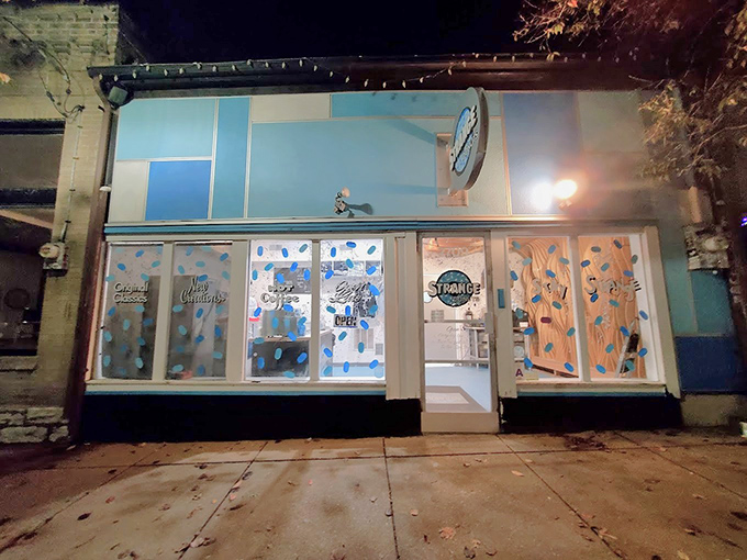Strange Donuts lives up to its name with a storefront that looks like it fell through a blue-spotted wormhole from another dimension.