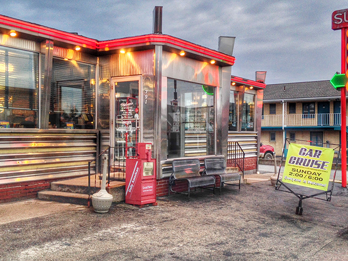 Summit Diner's stainless steel exterior gleams like a beacon of hope for hungry travelers on the Pennsylvania Turnpike.