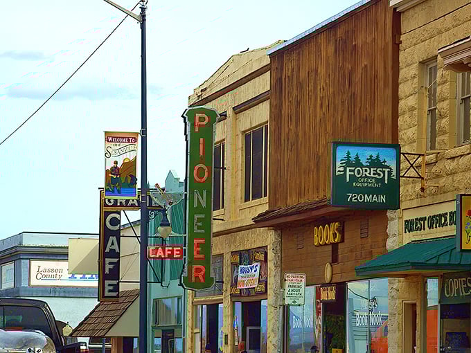 Susanville's colorful storefronts line up like a box of crayons against the desert sky.