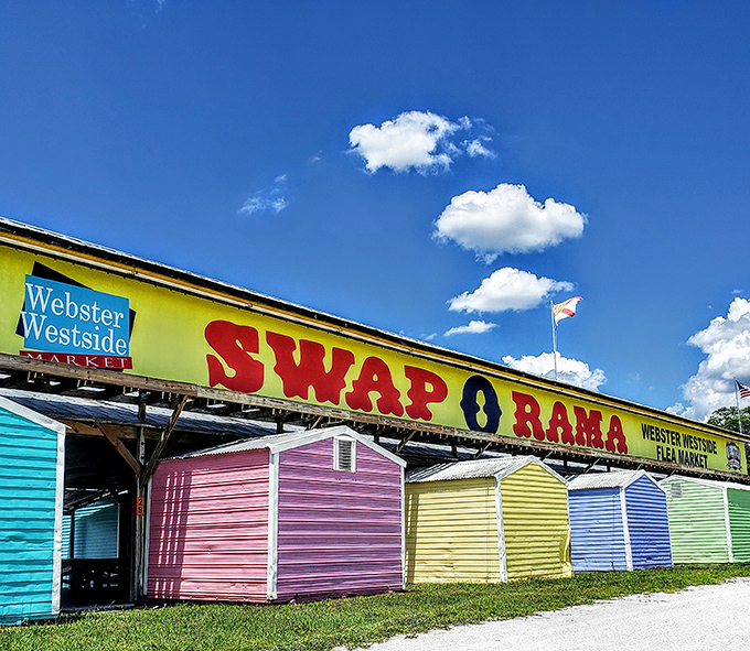 Swap-O-Rama's rainbow-colored sheds create a cheerful landmark visible for miles. Skittles for buildings&mdash;taste the rainbow of deals!