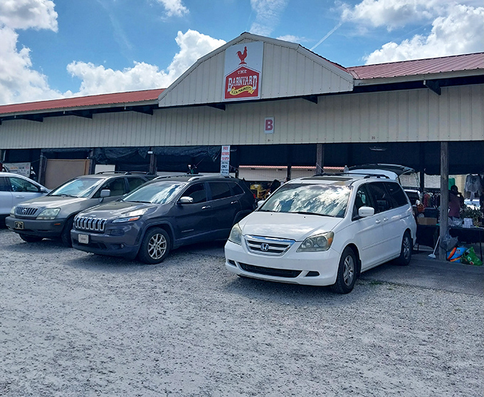 The Barnyard Flea Market's simple exterior hides a world of wonders. That rooster sign isn't just decoration&mdash;it's your call to adventure!