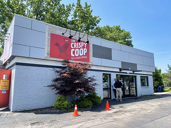 The Crispy Coop's modern facade hints at elevated comfort food, where tradition meets contemporary chicken perfection.