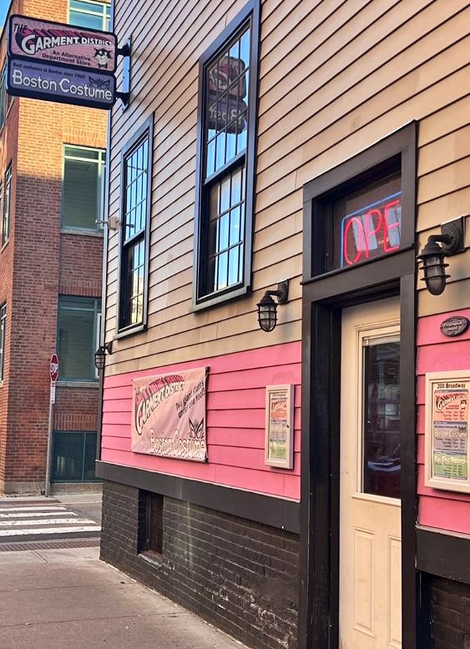 The Garment District's pink facade stands out in Cambridge like a fashionable thumb. Vintage paradise awaits!