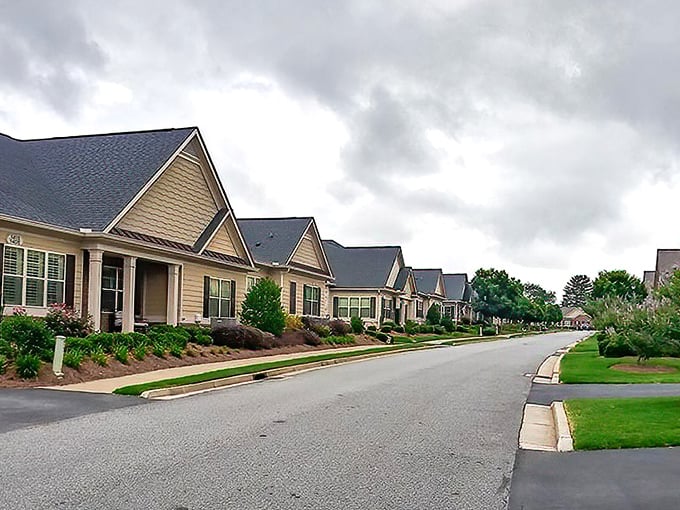Row upon row of elegant homes line this peaceful street. The only traffic jam here? Two neighbors stopping to chat.