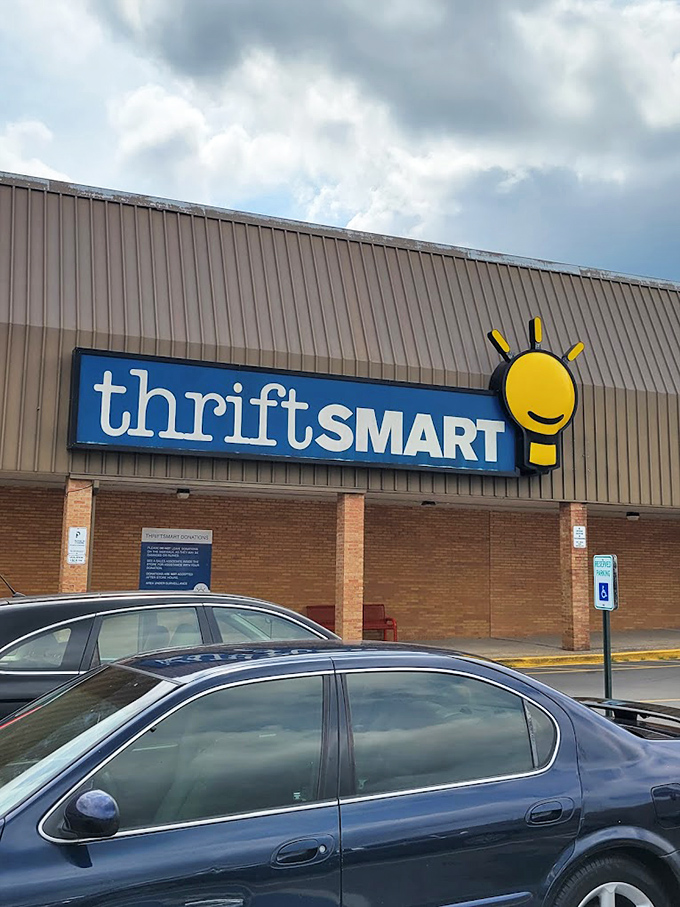ThriftSmart's cheerful lightbulb logo brightens up the shopping strip like a brilliant idea come to life.
