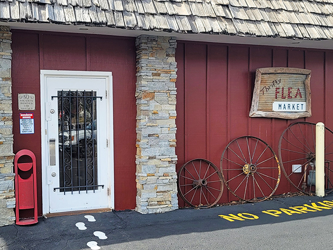That rustic red barn exterior promises the kind of authentic finds your grandmother would approve.