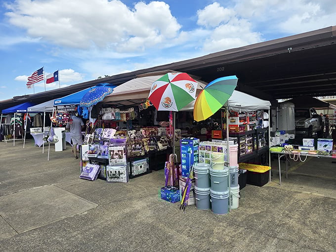Covered pavilions mean comfortable shopping while colorful umbrellas add festive flair to every treasure hunt.