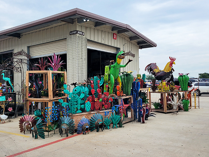 Metal menagerie on parade! This vendor's colorful yard art creatures seem ready to march home with anyone brave enough to display them.