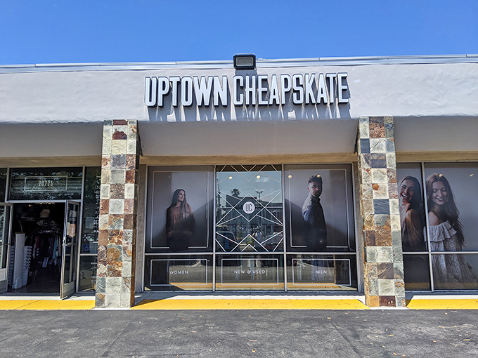 Uptown Cheapskate's modern facade hints at the carefully curated fashion treasures waiting inside for savvy shoppers.
