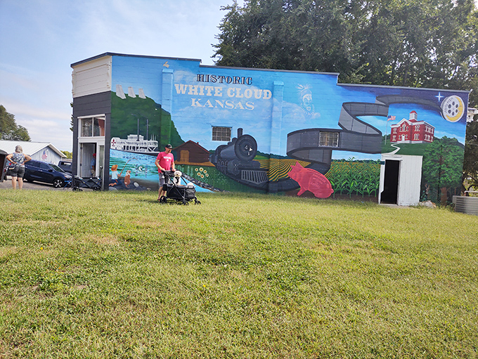 Small town, big personality! White Cloud's vibrant mural celebrates local history while hinting at the colorful treasures waiting to be discovered inside.