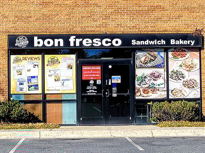 Bon Fresco's sleek storefront showcases their sandwich artistry before you even step inside. Those menu photos are basically food teasers!