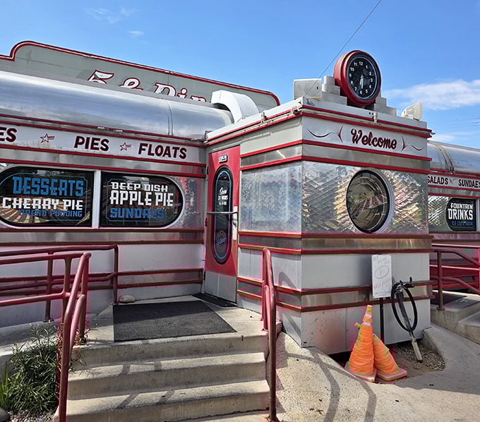 Red, white, and chrome perfection - this diner looks ready for its Hollywood close-up.