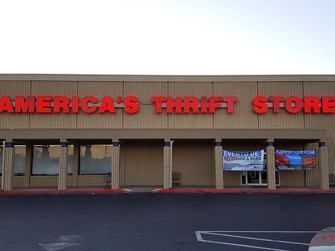 Those bold red letters spell out "ADVENTURE" to true thrift enthusiasts. The columns add a touch of bargain nobility.