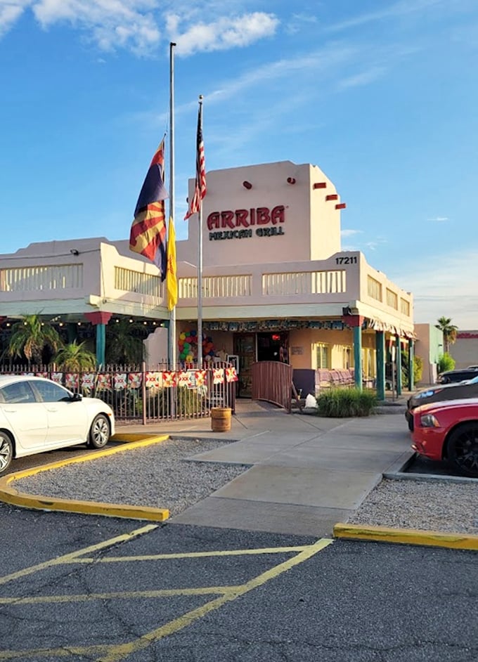 The Arizona sun highlights Arriba's clean white exterior. Inside those walls, chimichanga magic happens that would make your abuela proud.