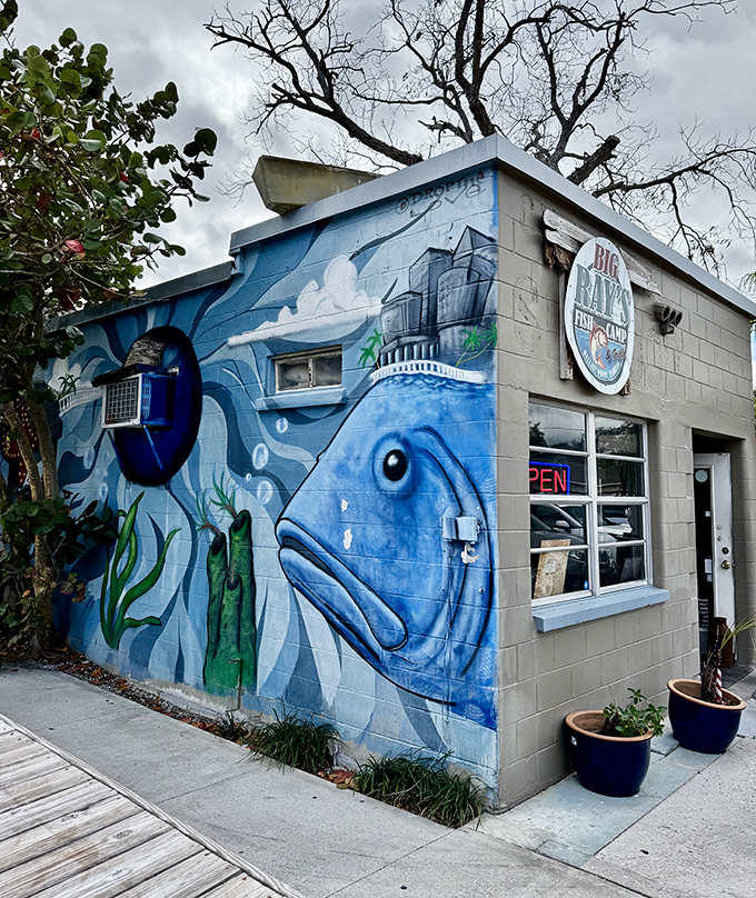That fish mural isn't just decoration&mdash;it's advertising! Big Ray's wears its seafood passion on its sleeve (or rather, its wall). Art you can eat!
