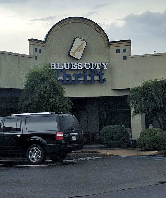 Even in evening light, this thrift palace beckons bargain hunters like moths to a markdown flame.