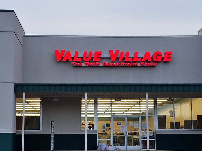 The bright red Value Village sign shines like a beacon for bargain hunters. Your wallet will thank you later!