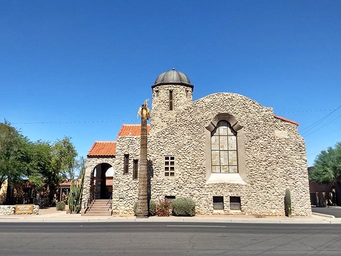 This charming stone church stands as a testament to community spirit and the timeless values of desert living. 