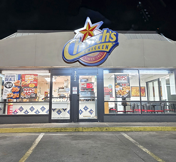 Night or day, that Church's sign promises the same thing: perfectly crunchy chicken that stays crispy all the way home.