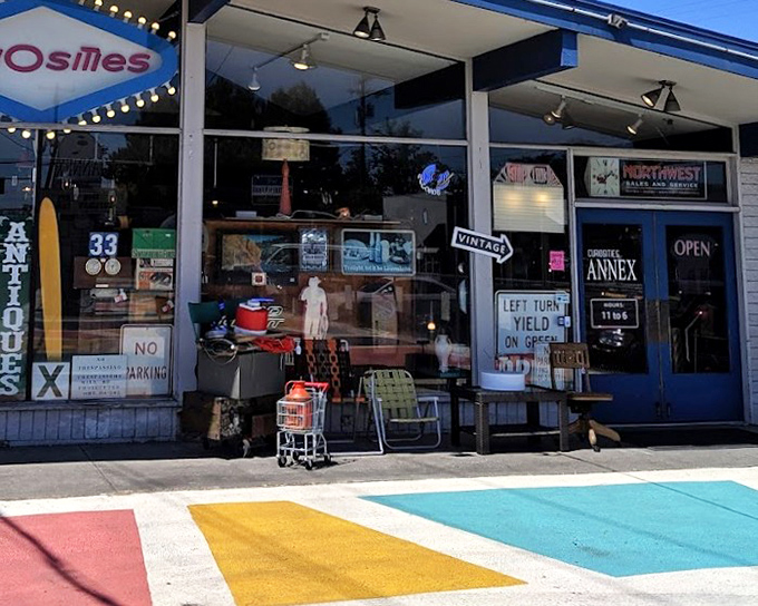 That colorful rainbow crosswalk perfectly matches the vibrant energy of discovering unexpected treasures inside this eclectic antique haven.