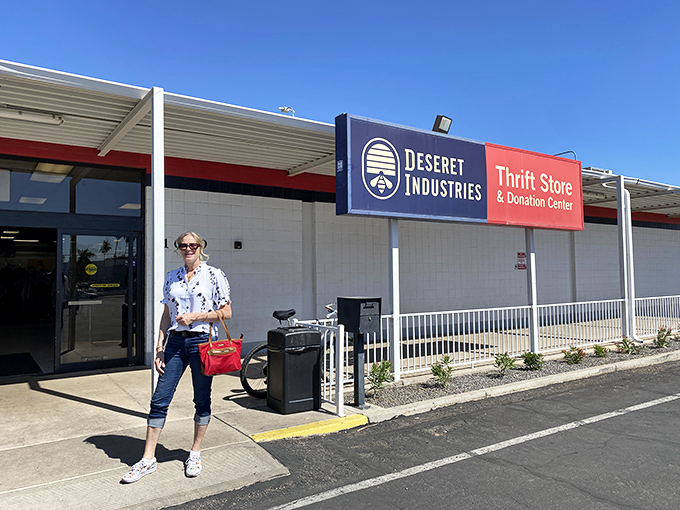 A happy shopper exits with her finds, proving that great deals and quality items make every visit worthwhile.