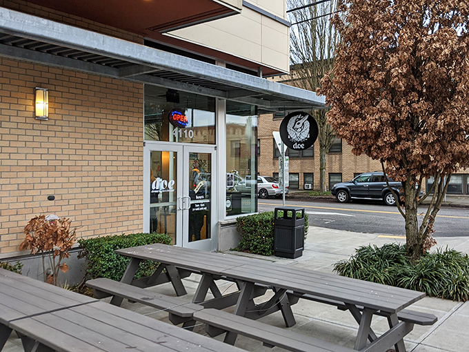 The welcoming entrance to Doe Donuts, where vegan treats prove that plant-based can be indulgently delicious.