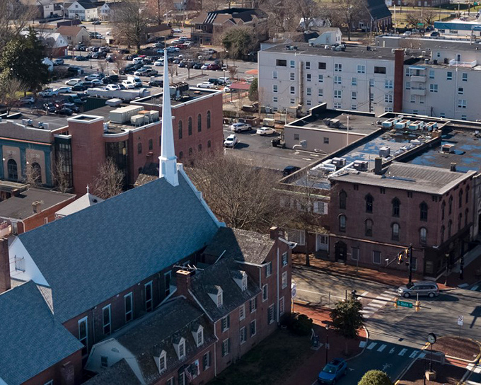 The view from above shows Dover's perfect mix of small-town charm and government sophistication.